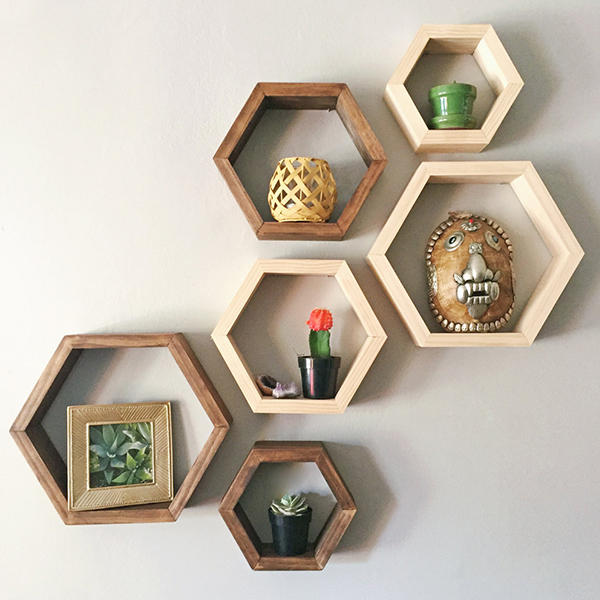 Display Wooden Hexagon Wall Mounted Floating Shelf Furniture - Shelf ...